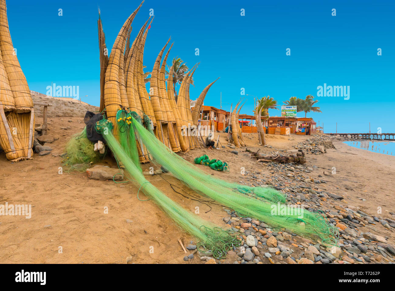 Pimentel beach with traditional boats and nets Chiclayo Peru Stock ...
