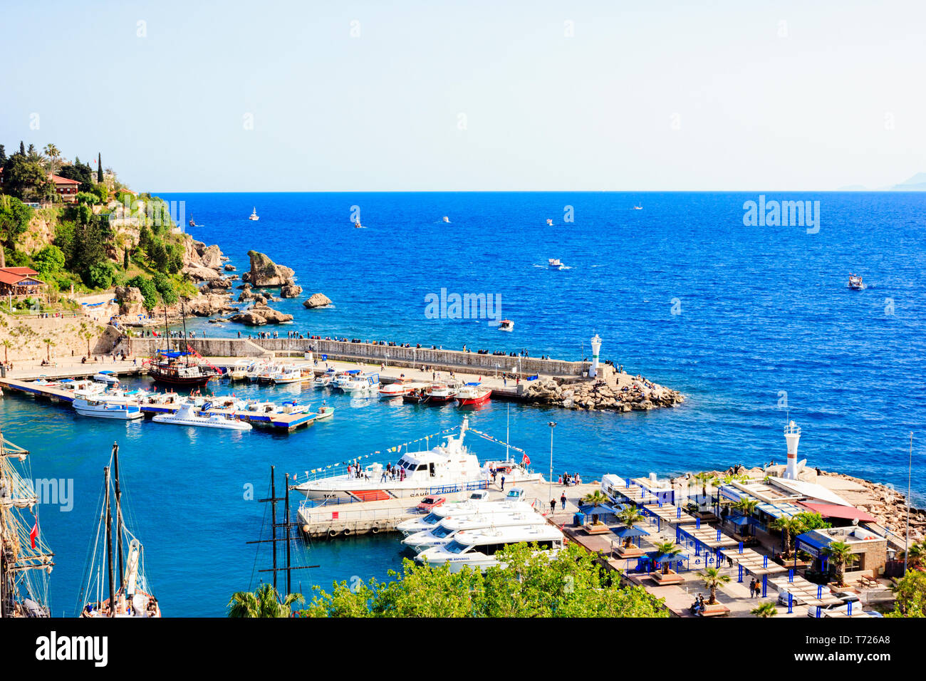 Mediterranean landscape in Antalya. View of the mountains, sea, yachts ...