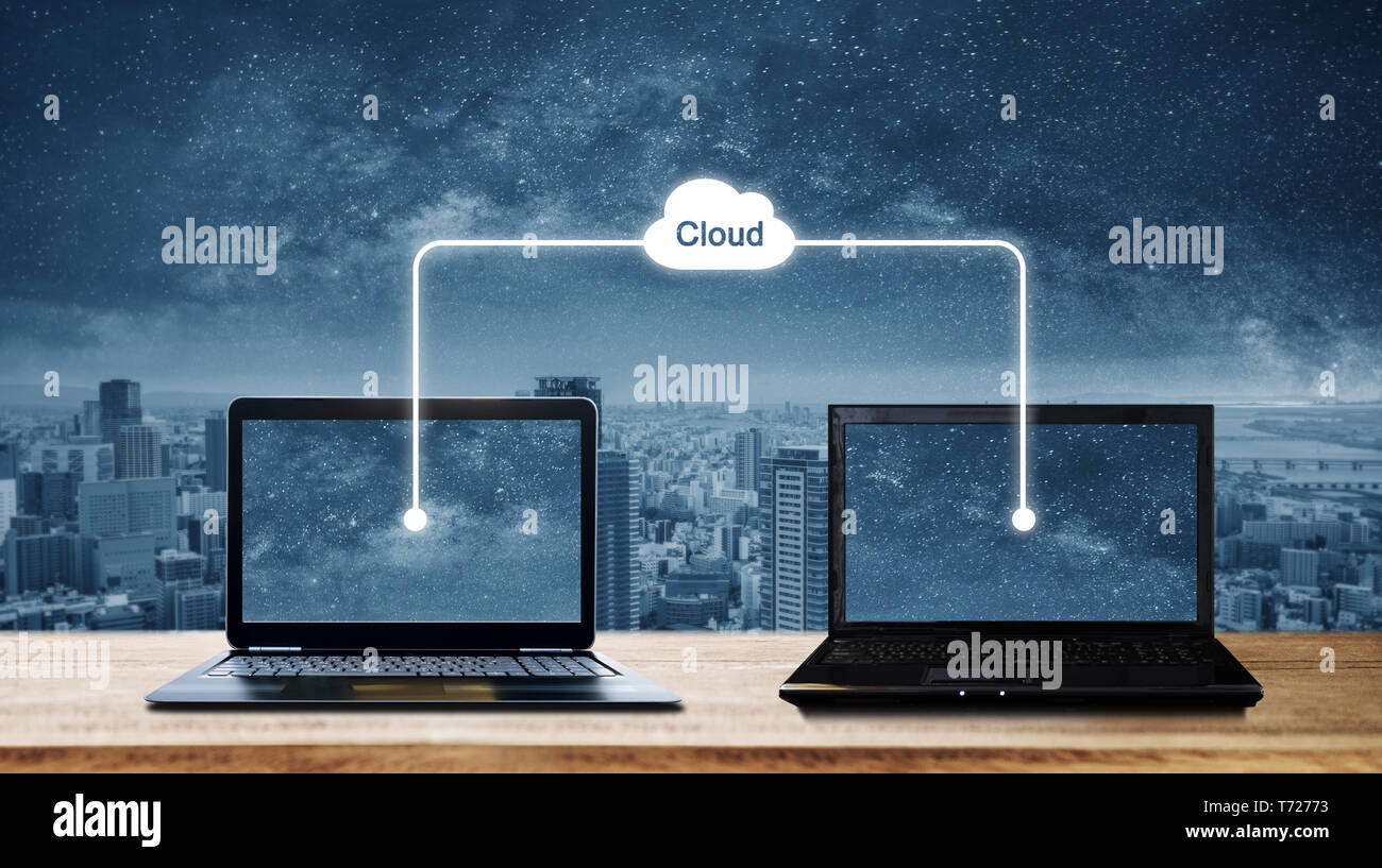 Computer Laptops Sharing Data Through Cloud Storage Computing Cloud Computing And Computer