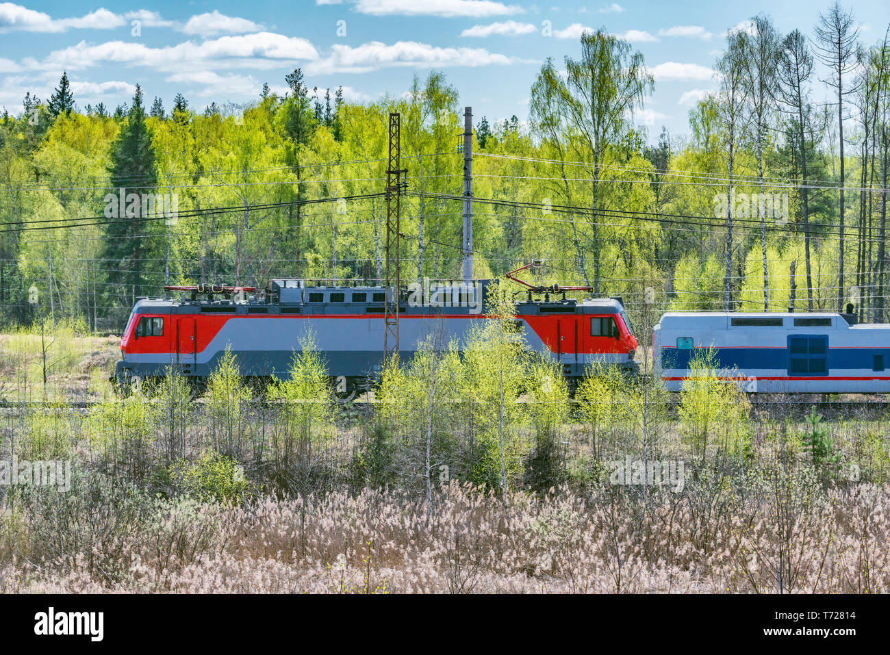 Modern high-speed train moves at spring morning time Stock Photo - Alamy