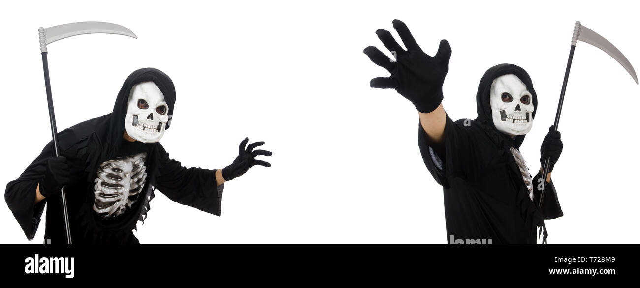Scary monster with scythe isolated on white Stock Photo - Alamy