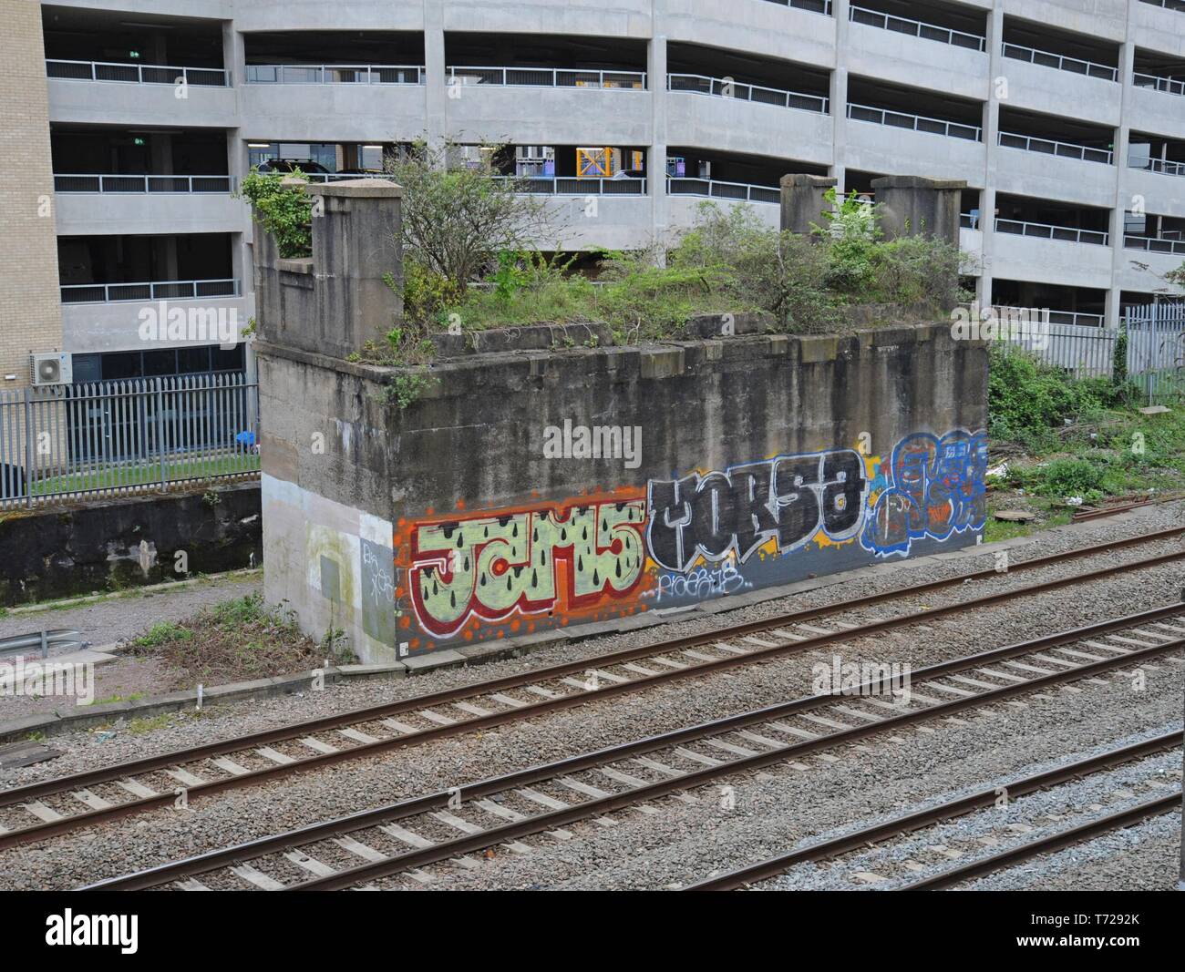 urban graffiti on an old bridge pillar in Cardiff city centre Stock ...
