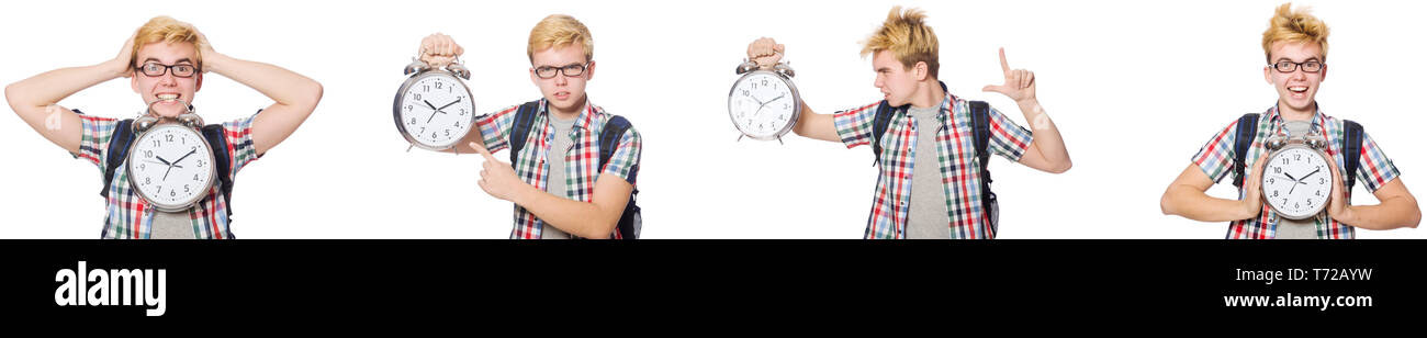 Young boy with alarm-clock in time management concept Stock Photo - Alamy