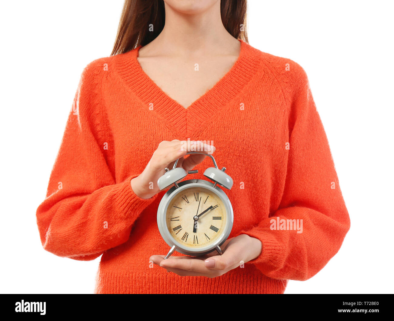 Woman with clock on white background. Time management concept Stock ...