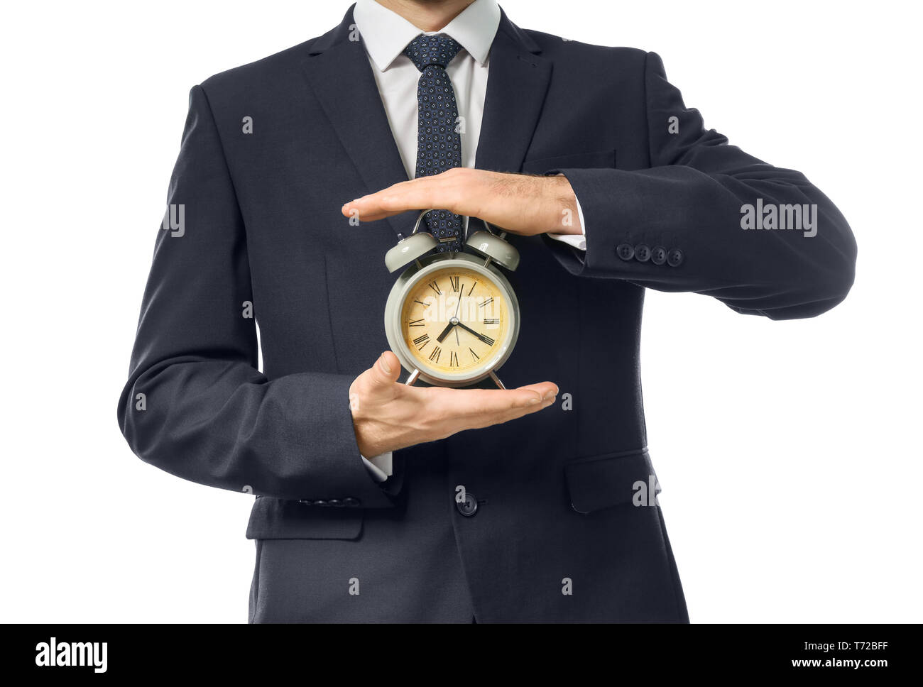 Man holding clock on white background. Time management concept Stock ...