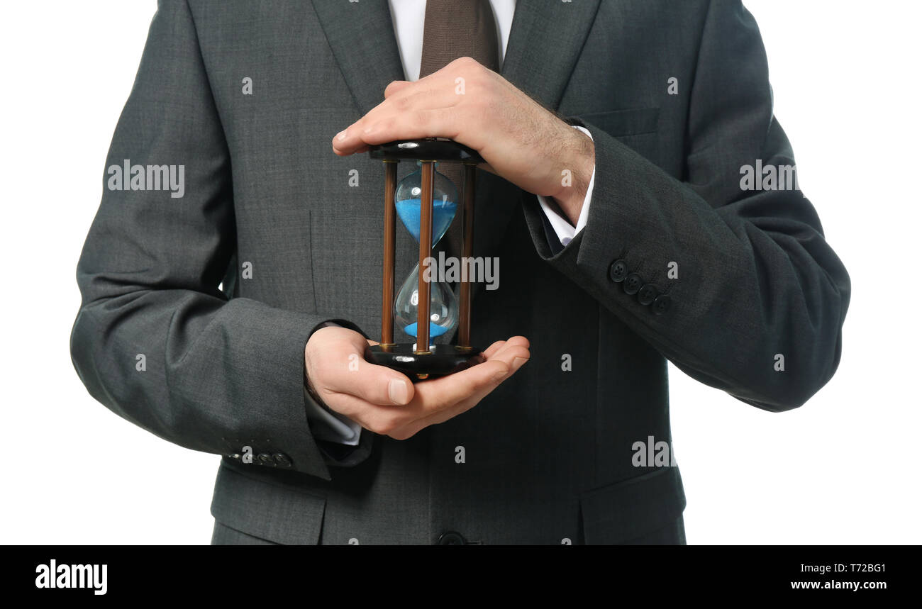 Man holding hourglass on white background, closeup. Time management ...