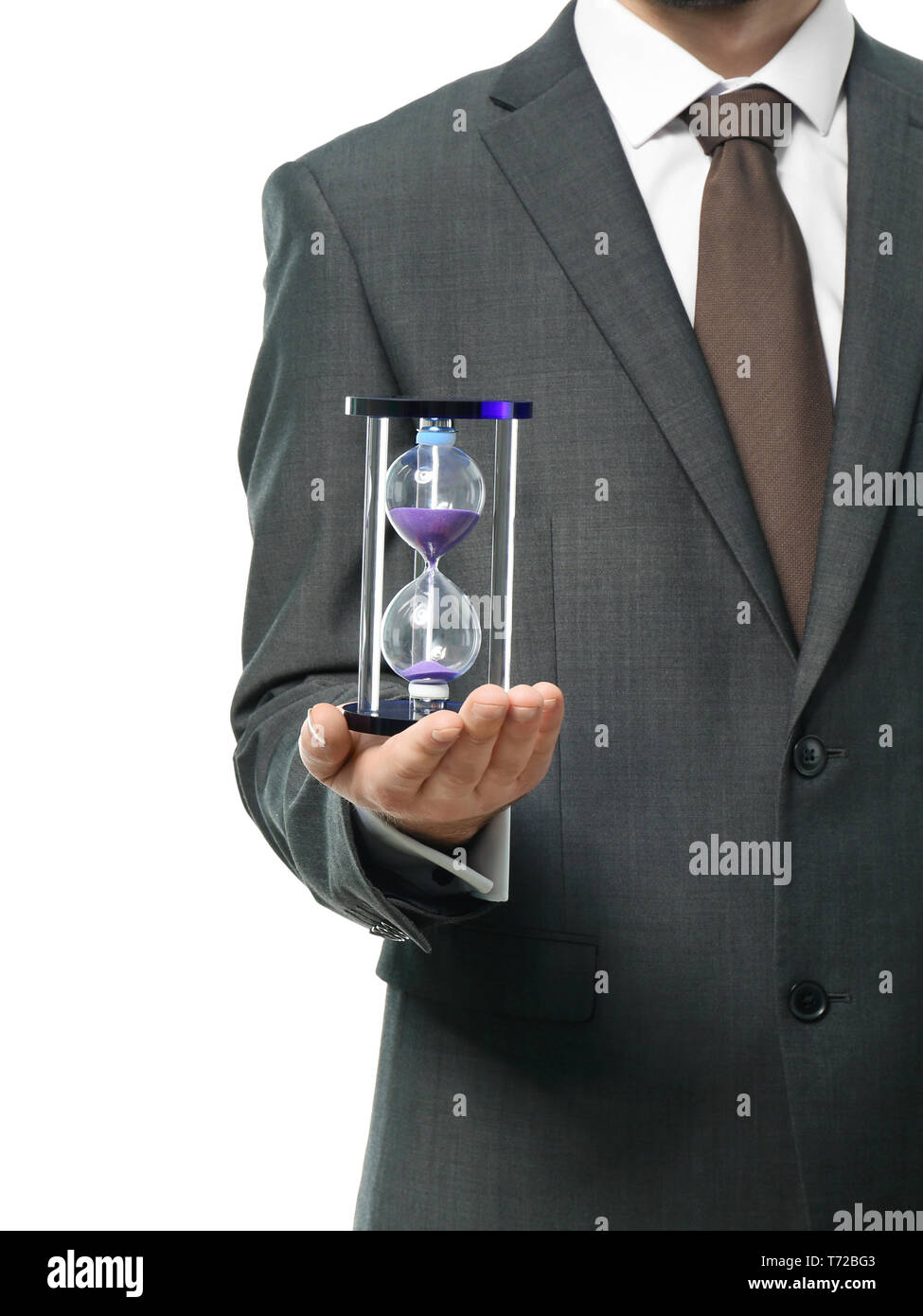 Man holding hourglass on white background. Time management concept ...