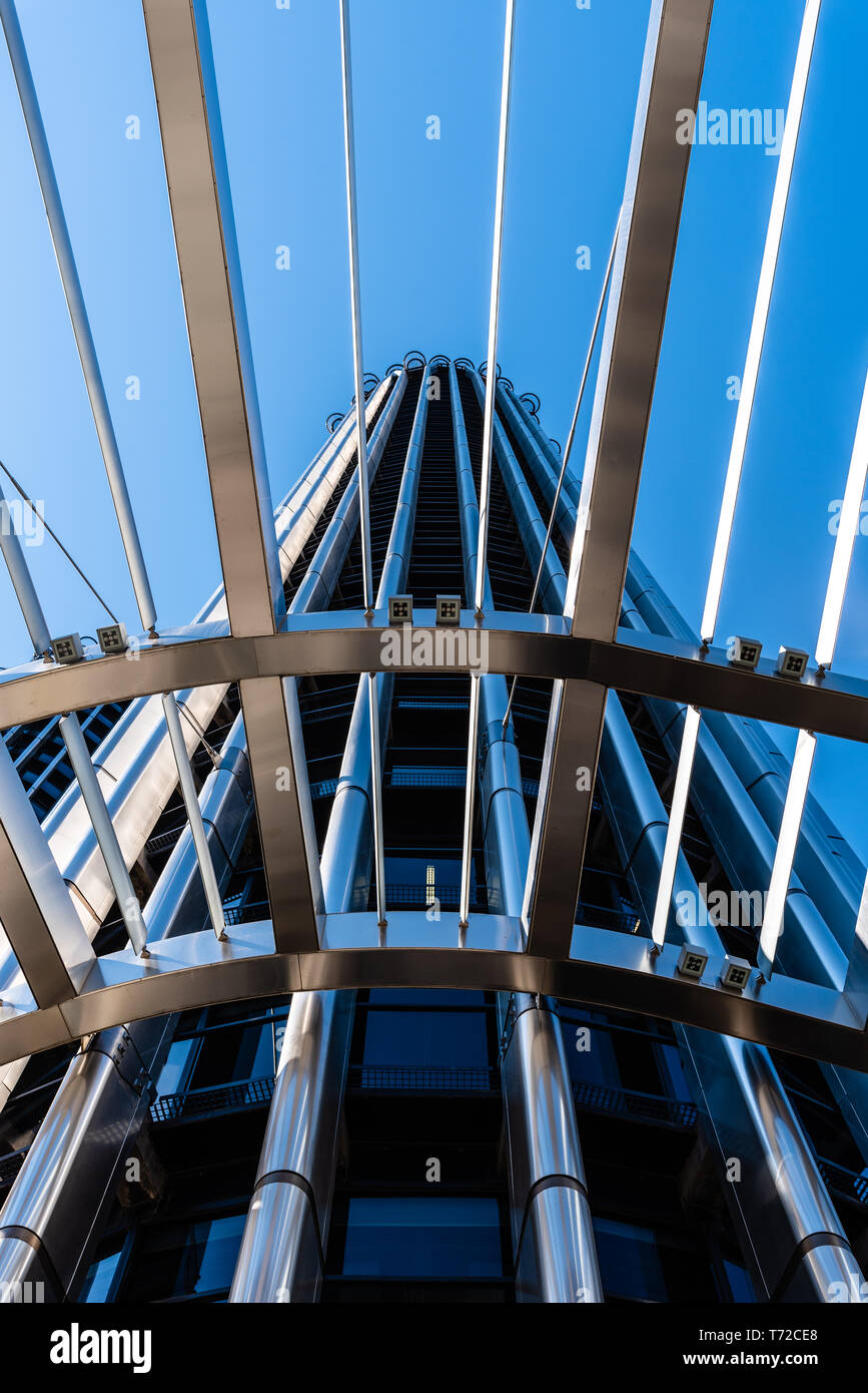 Madrid, Spain - May 1, 2019: Low angle view of Modern skyscraper in ...