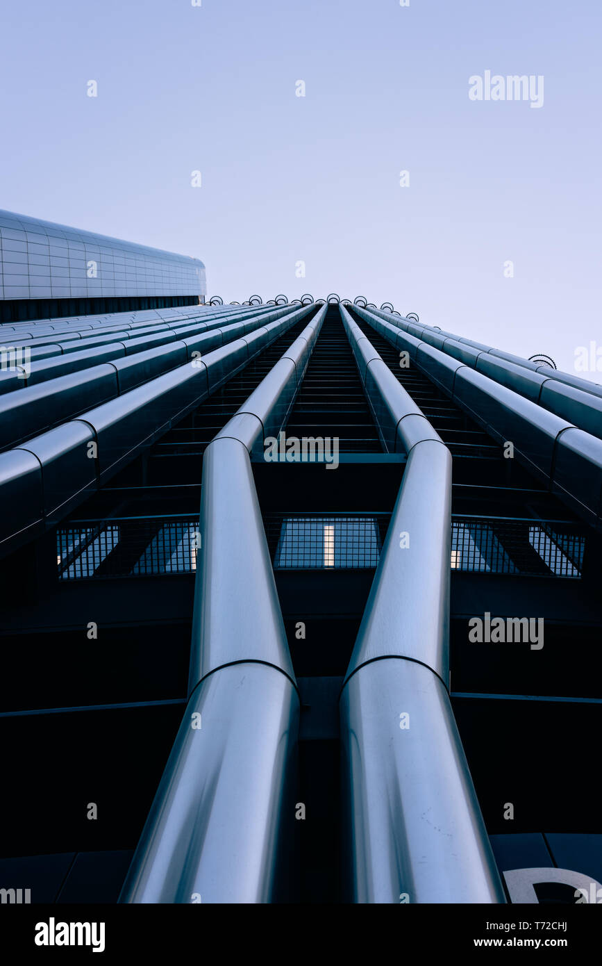 Madrid, Spain - May 1, 2019: Low angle view of Modern skyscraper in ...