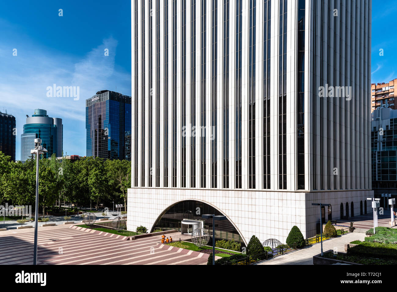 Madrid, Spain - May 1, 2019: Modern skyscraper in AZCA Financial ...