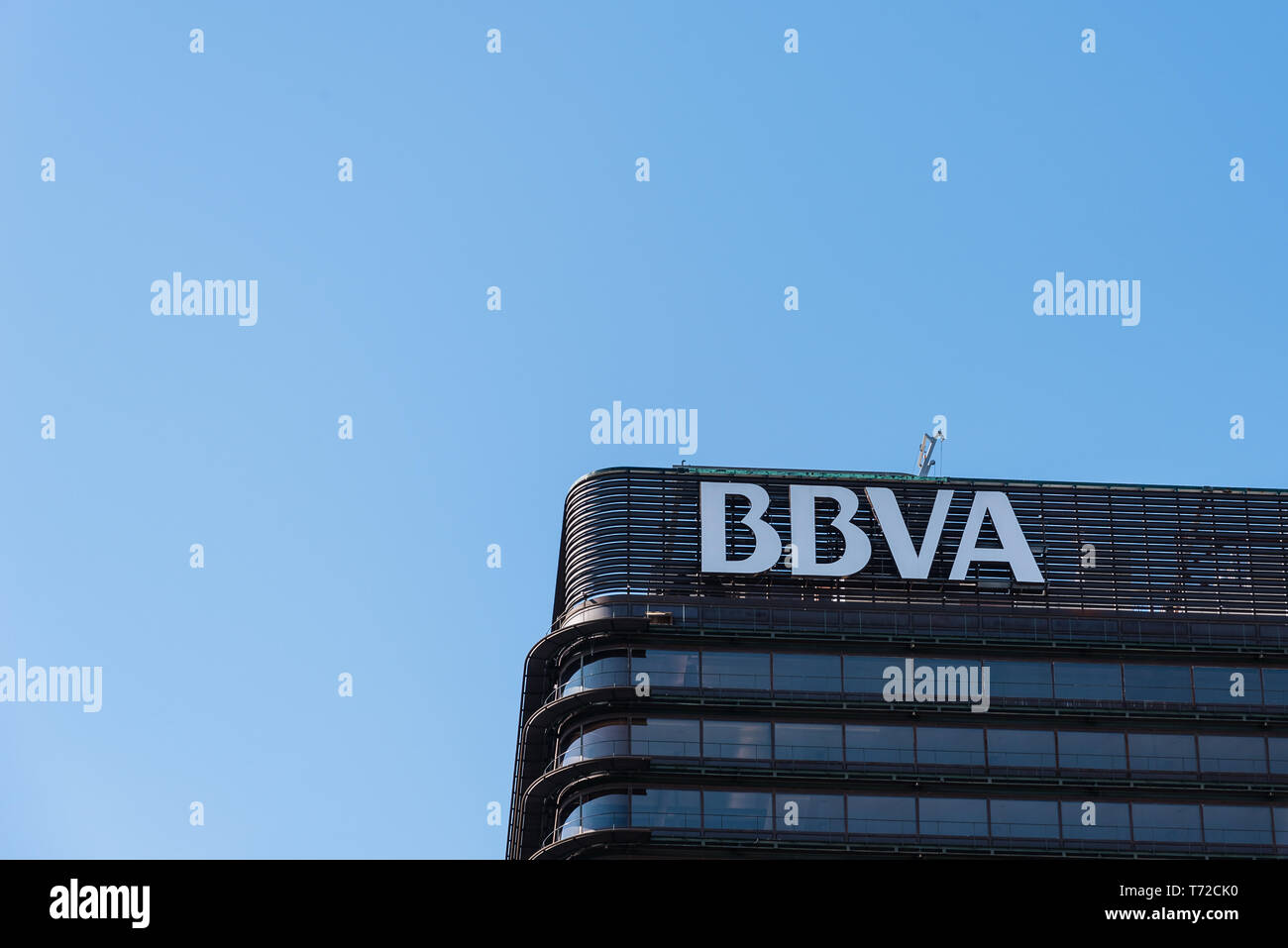 Madrid, Spain - May 1, 2019: Low angle view of Modern skyscraper in ...