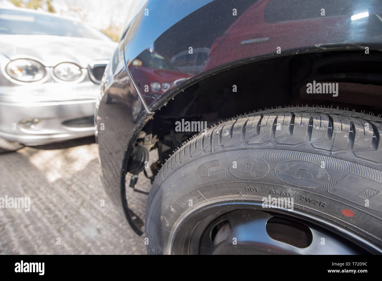 Car crash wreckage, road traffic collision (RTC) Car damage after crash ...