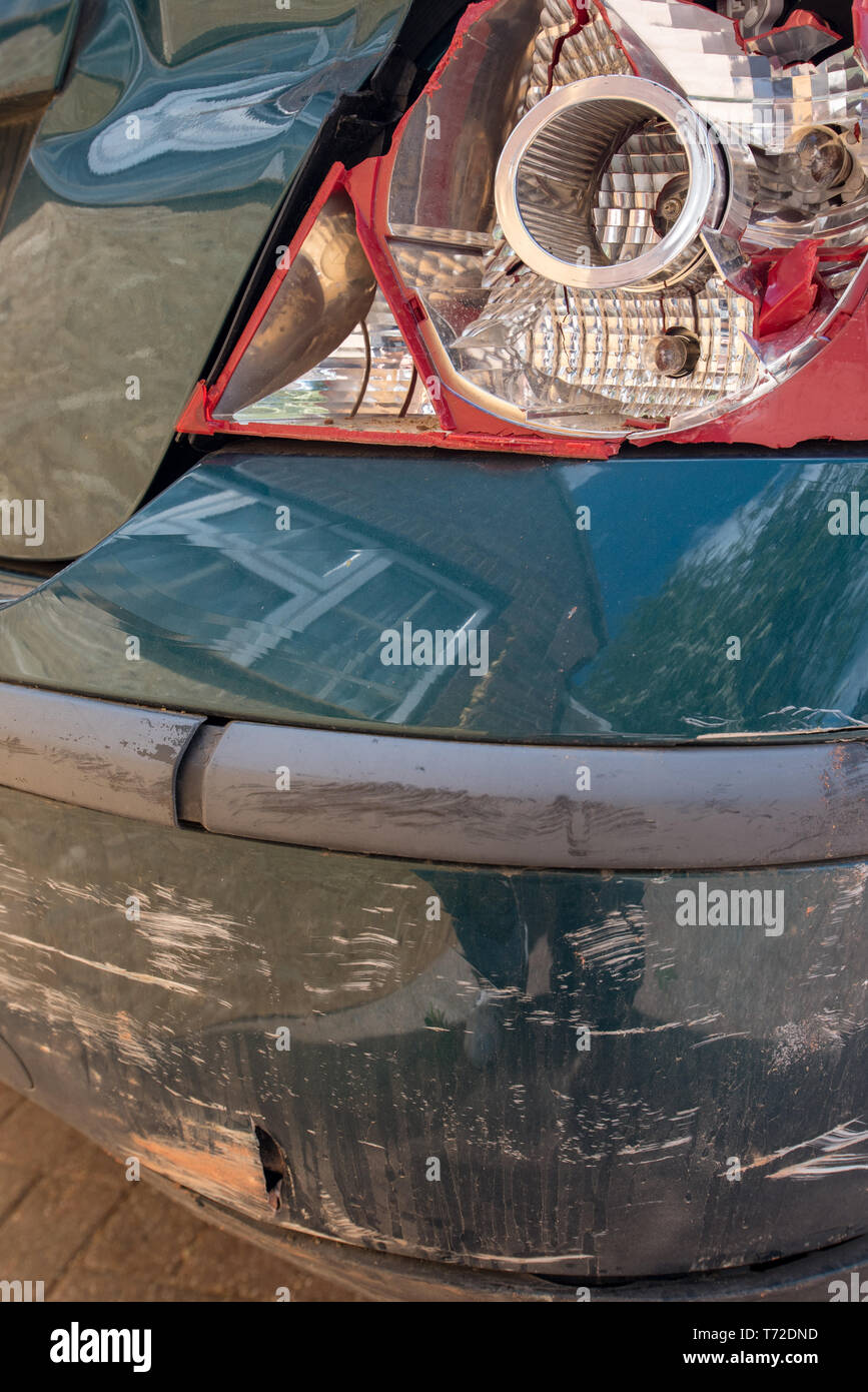 Car crash wreckage, road traffic collision (RTC) Car damage after crash ...