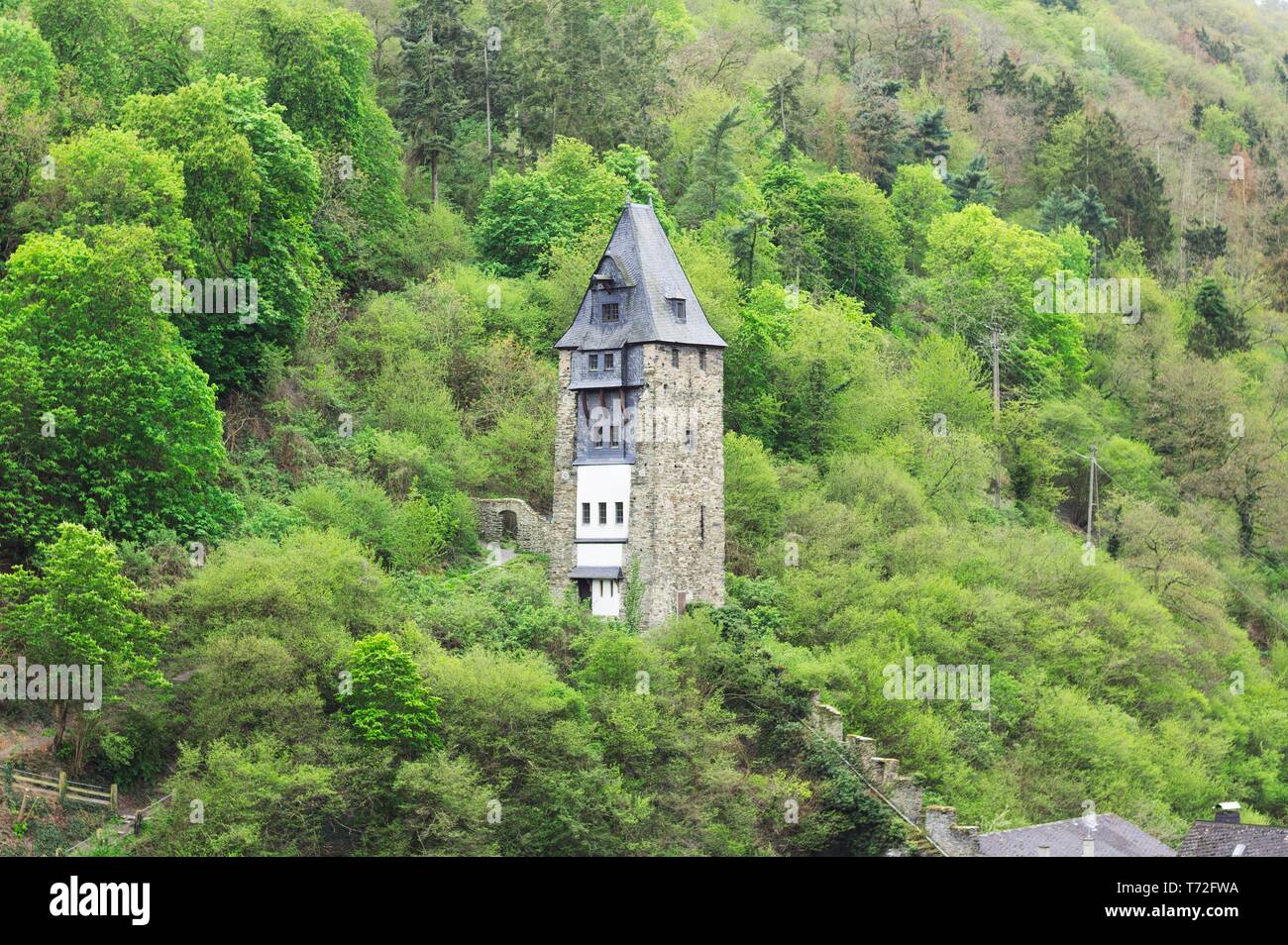 Isolated medieval tower in the forest (Bacharach, Germany, Europe Stock ...