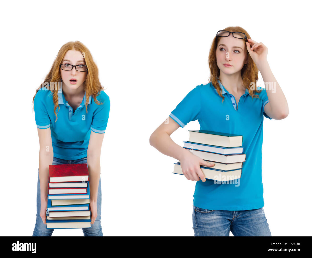 Female student with many books isolated on white Stock Photo - Alamy