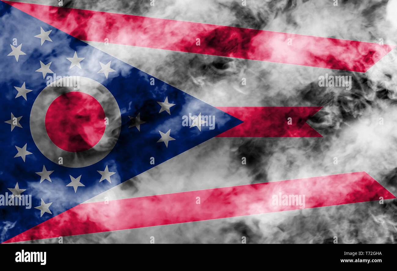 The national flag of the US state Ohio in against a gray smoke on the ...