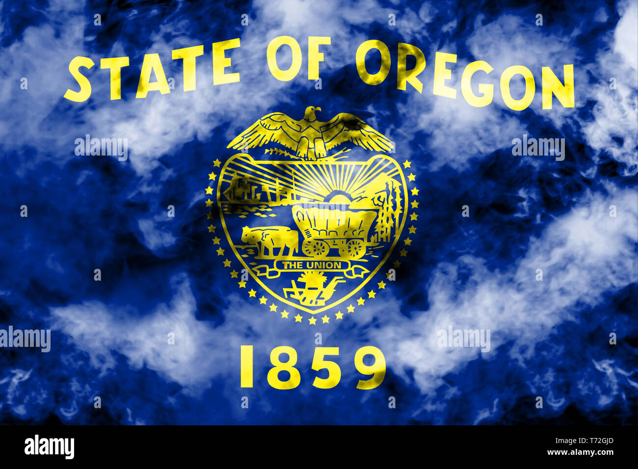 The national flag of the US state Oregon in against a gray smoke on the ...