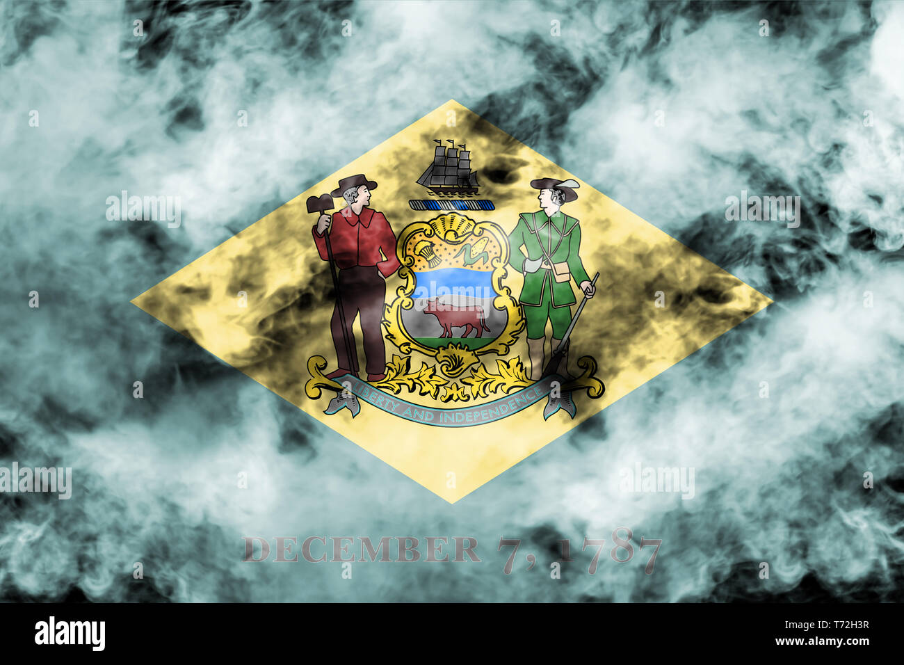 The national flag of the US state Delaware in against a gray smoke on ...