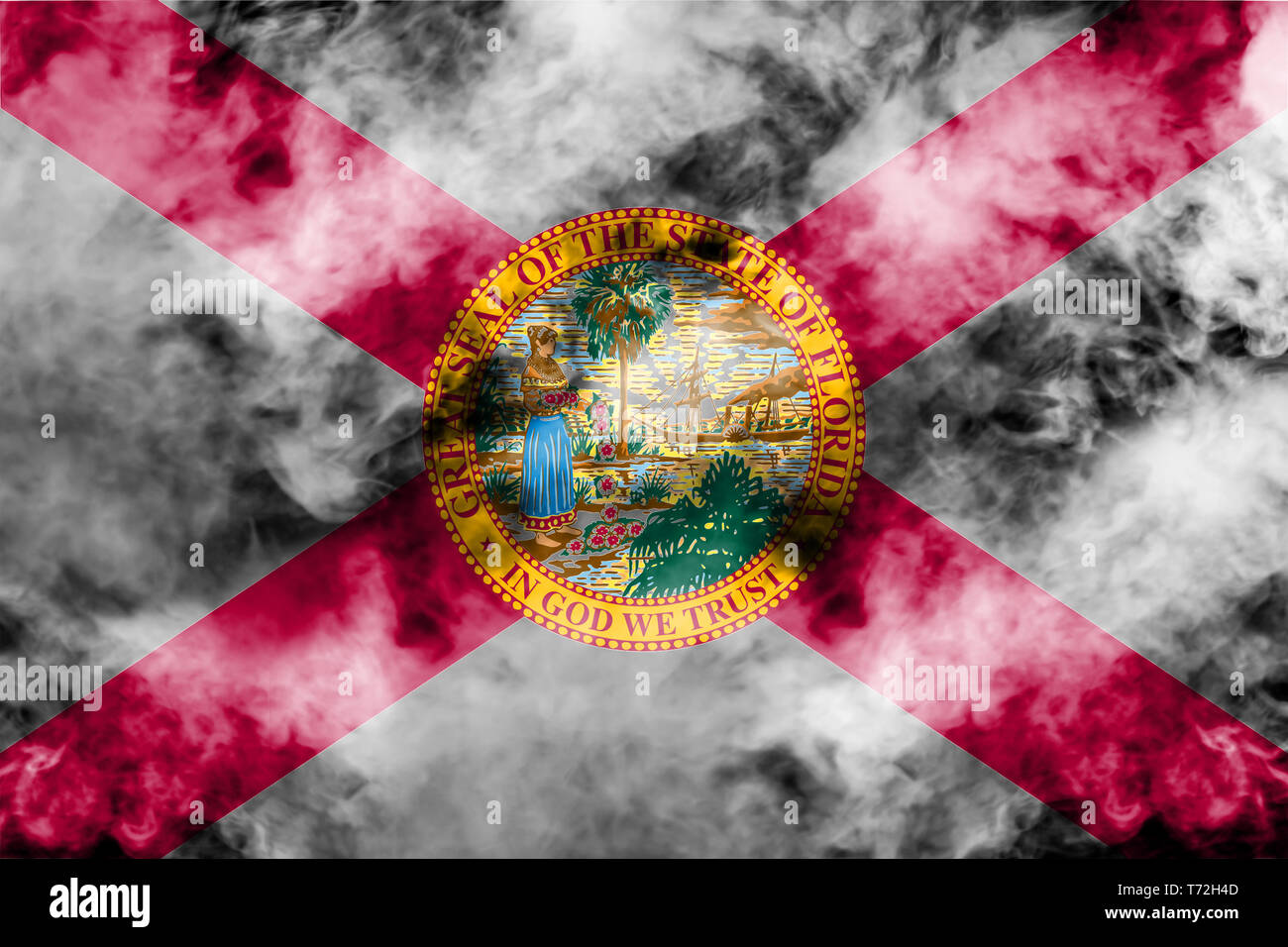 The national flag of the US state Florida in against a gray smoke on ...