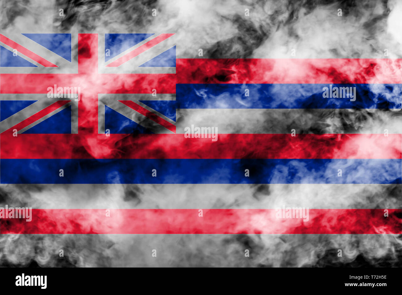 The national flag of the US state Hawaii in against a gray smoke on the ...