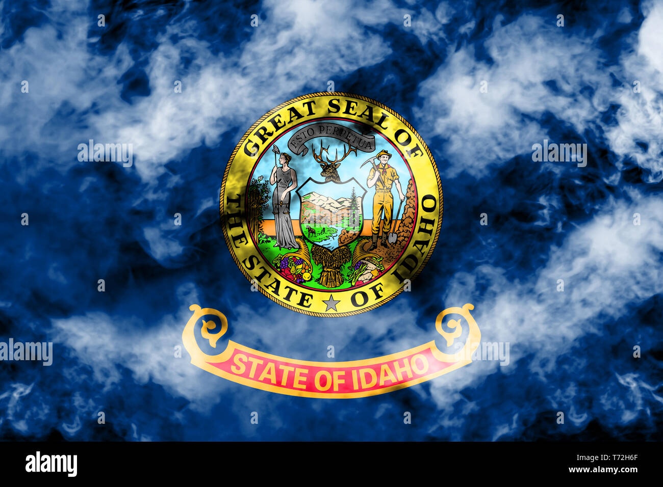 The national flag of the US state Idaho in against a gray smoke on the ...