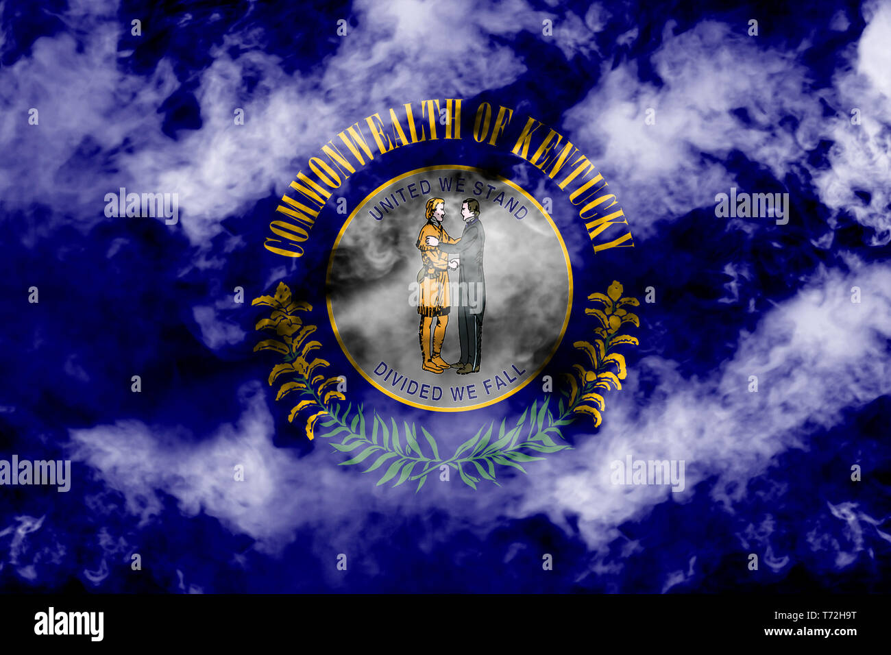 The national flag of the US state Kentucky in against a gray smoke on ...
