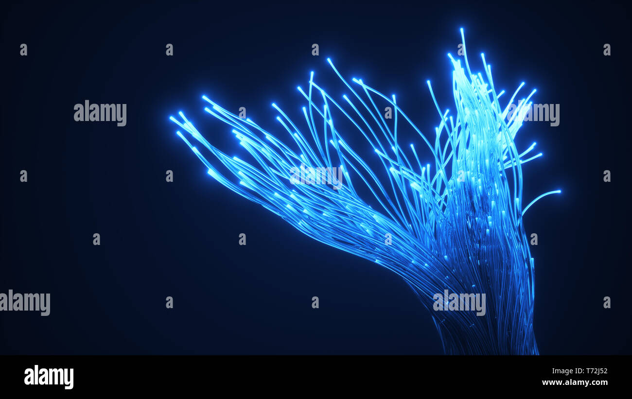 blue fiber optic glass strings glowing in dark. 3d illustration Stock ...