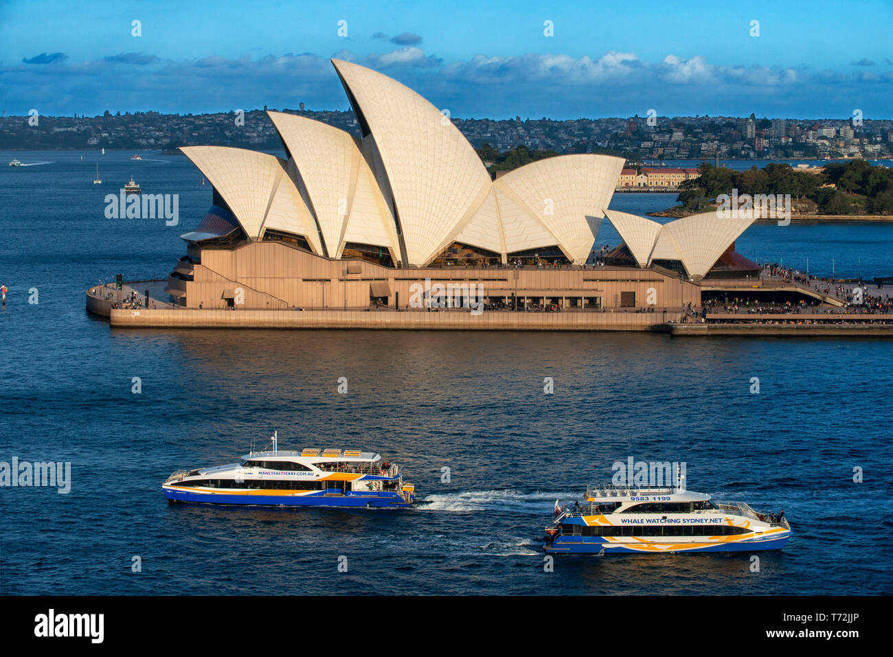 Sydney Opera House and public ferry and whale watching boats, Sydney ...