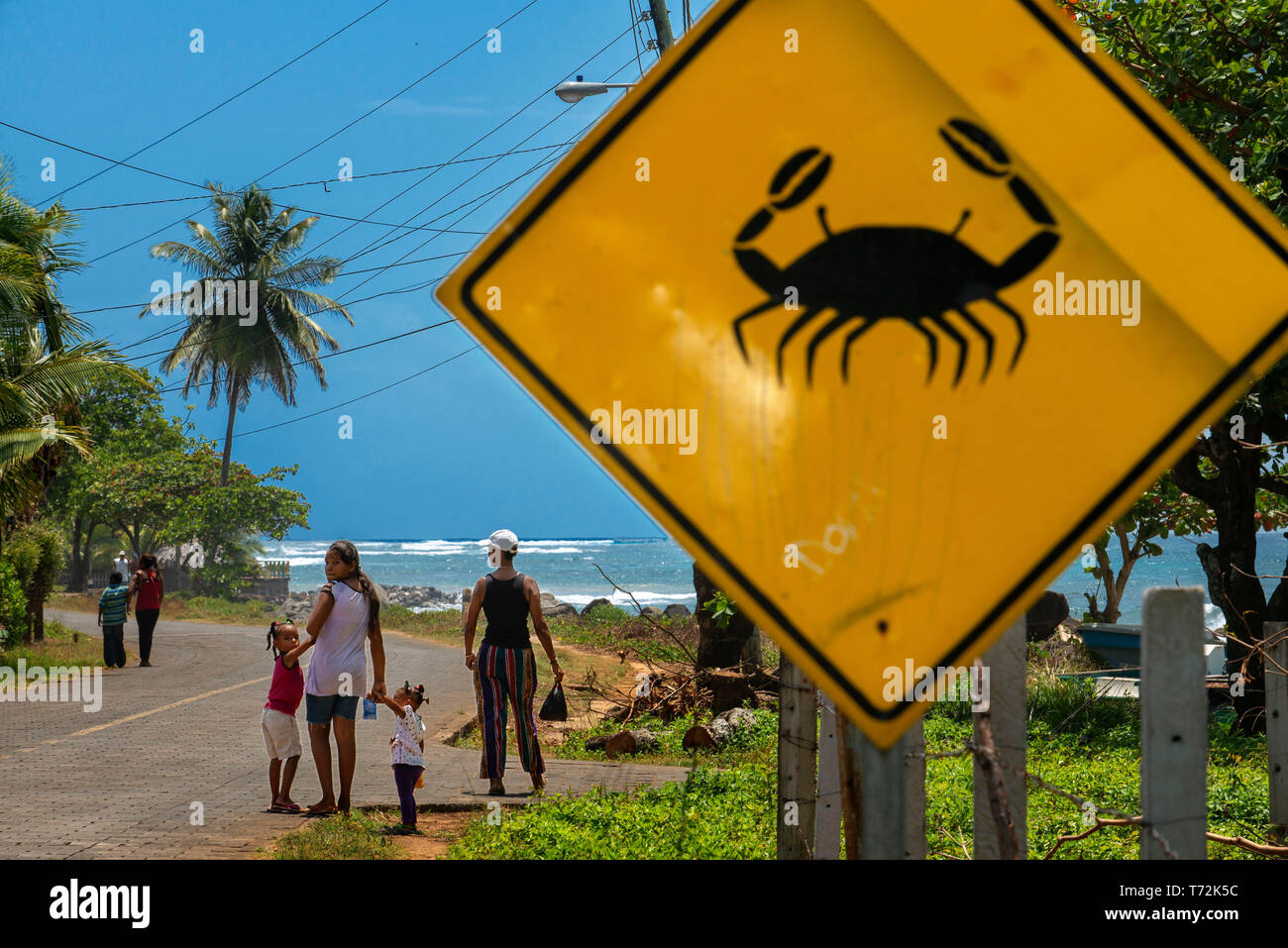 Crab crossing caution street sign on only road Big Corn Island ...
