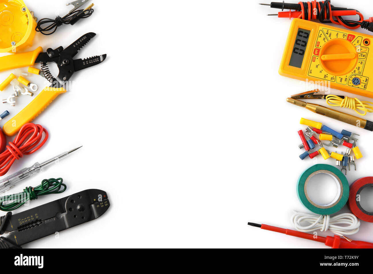 Electrician's supplies on white background Stock Photo - Alamy