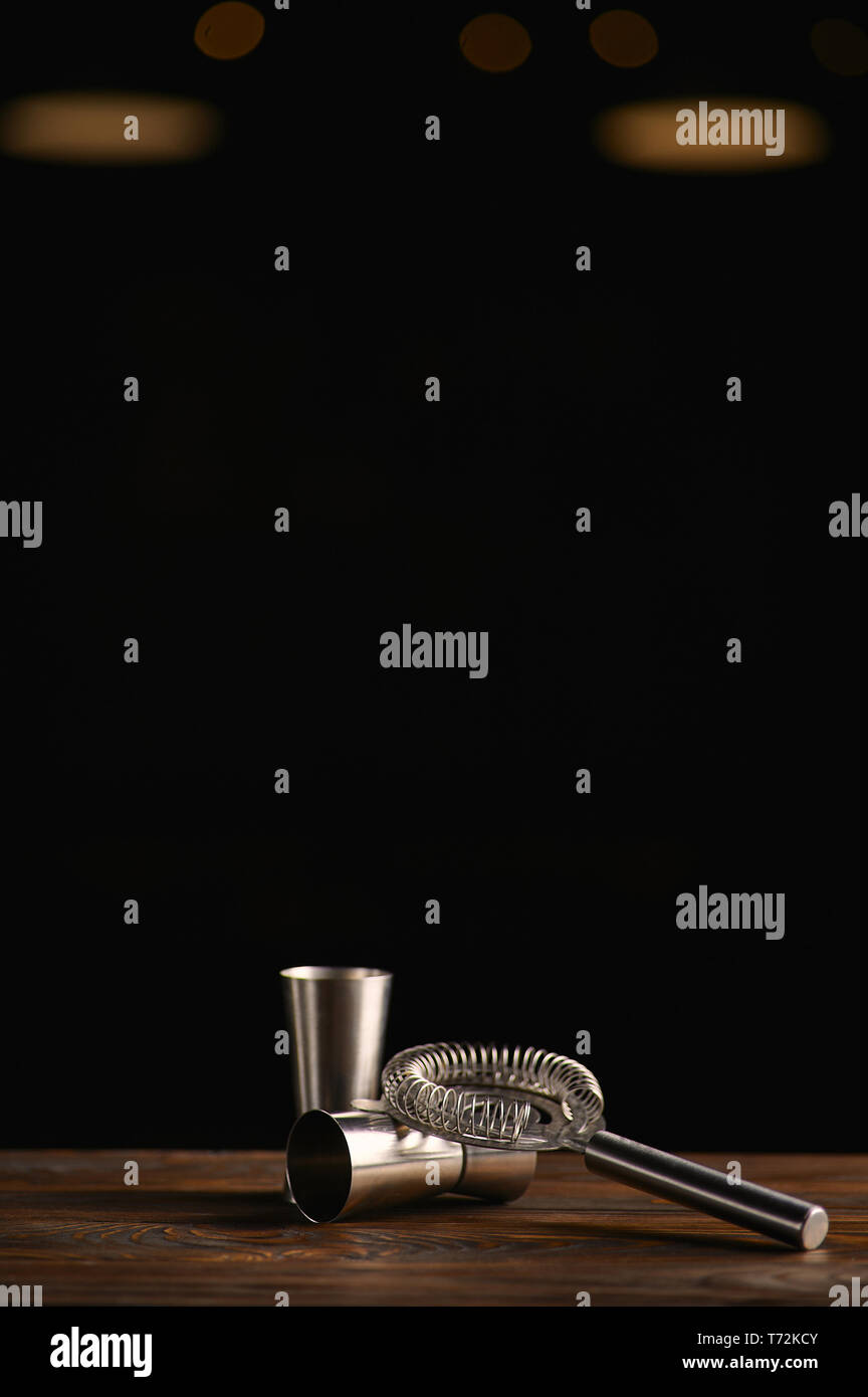 bar counter background. bartending equipment at wooden table top. Copy ...