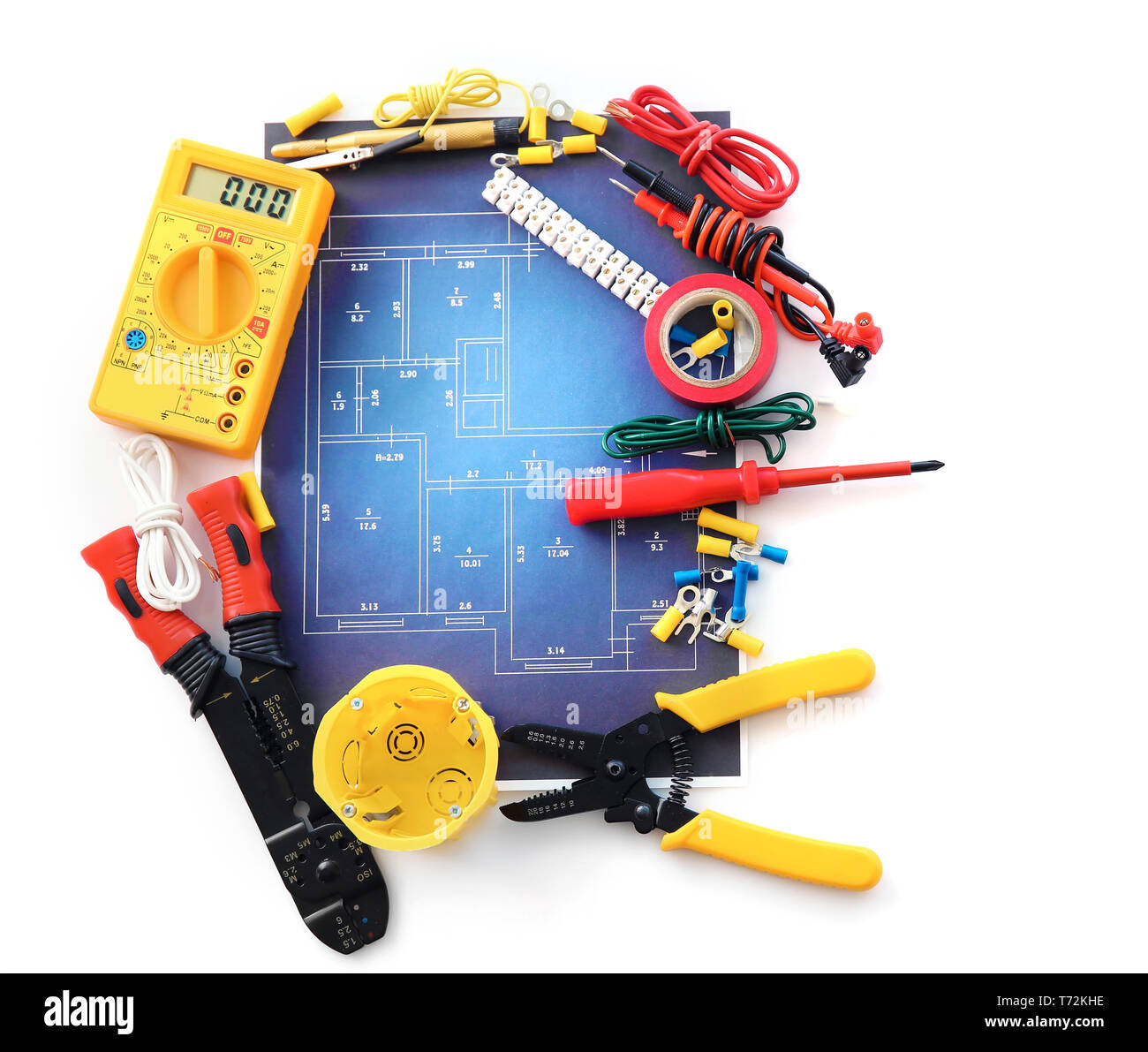 Electrician's supplies with electrical scheme on white background Stock ...