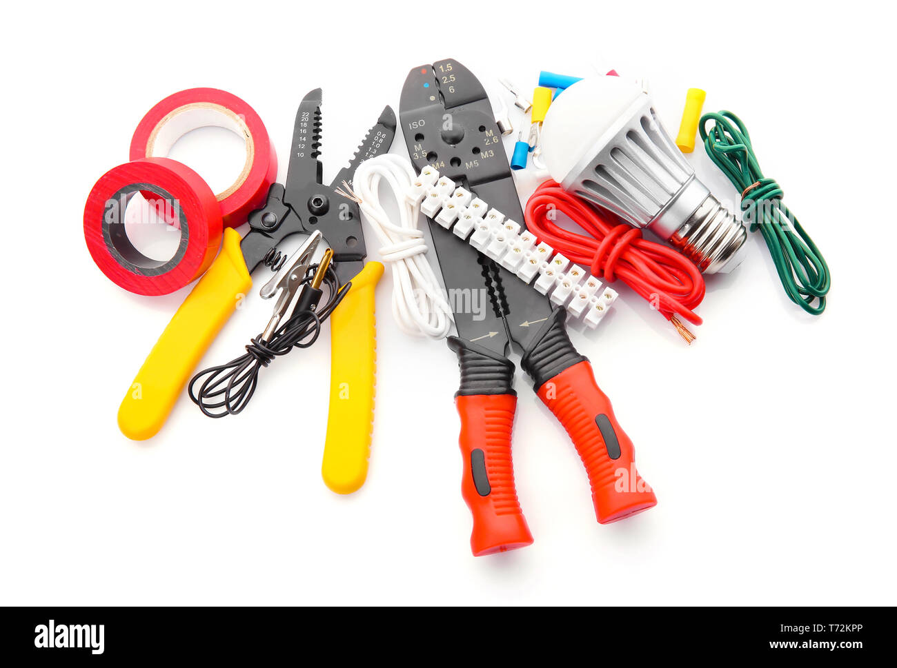 Electrician's supplies on white background Stock Photo - Alamy
