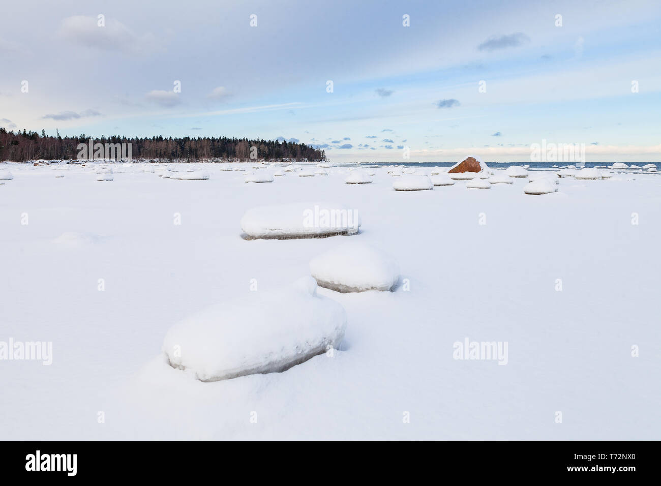 Frozen coast of Baltic sea covered by snow. Boulders, horizon and ...