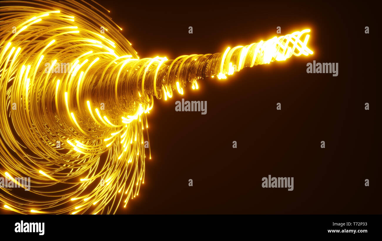 yellow fiber optic cables vortex. glass strings glowing in dark. 3d ...