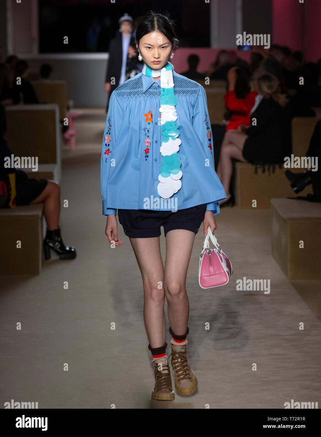 New York, NY - May 02 2019: He Cong walks the runway during the Prada ...