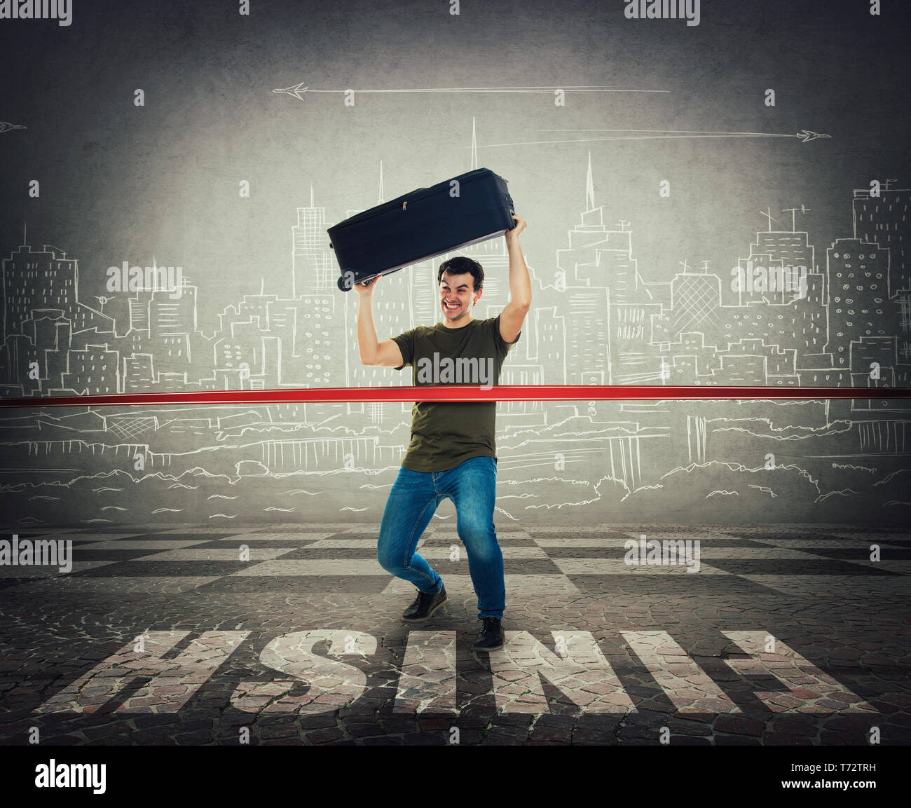 Tired worker carrying his luggage prepared for vacation crossing the ...