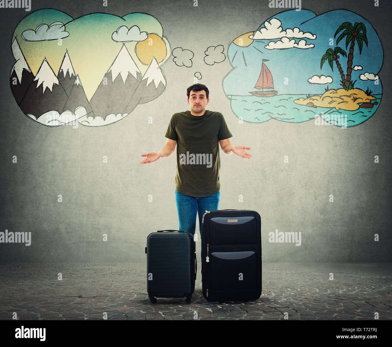 Confused young man traveler standing behind his luggage don't know ...