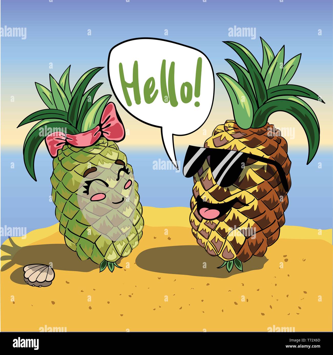 Vector Background With Funny Pineapples In Glasses And Text Hello
