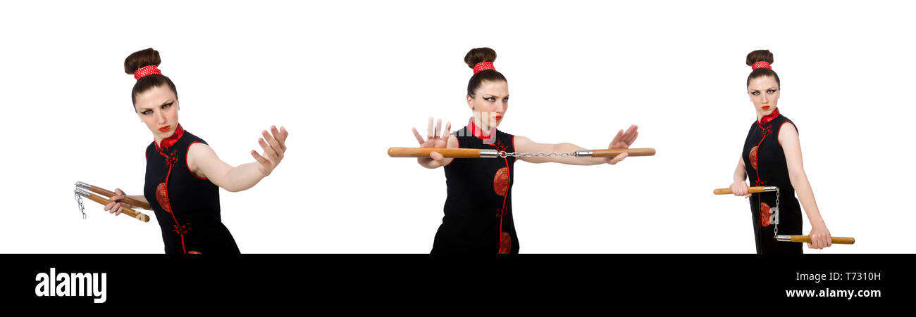 Funny woman with nunchucks isolated on white Stock Photo - Alamy