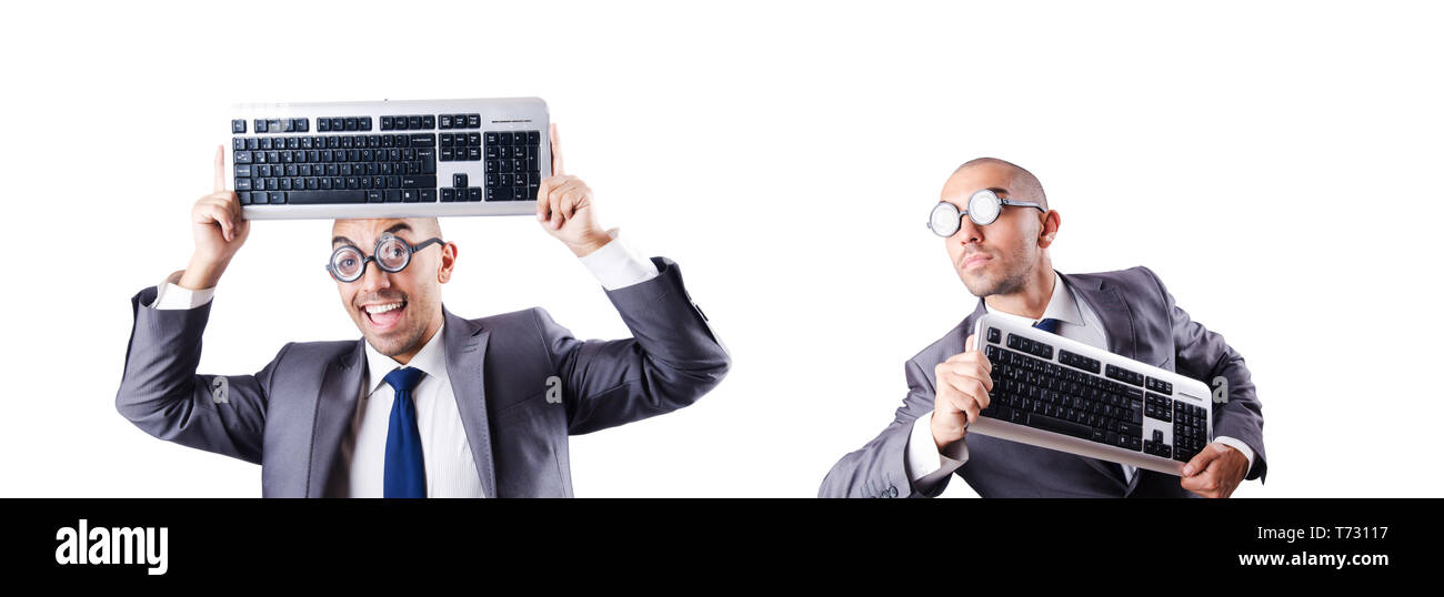 Nerd businessman with computer keyboard on white Stock Photo - Alamy