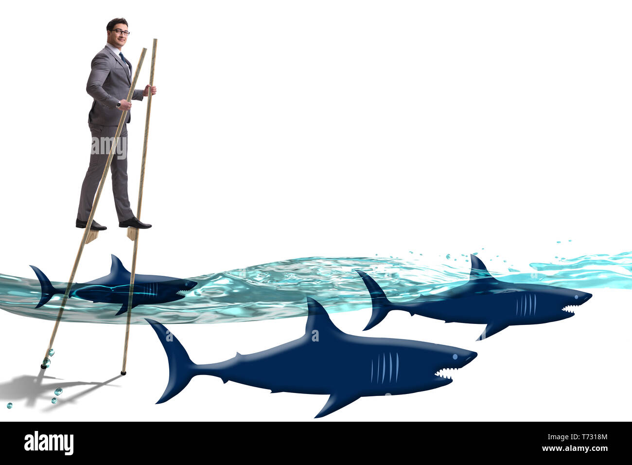 Businessman walking on stilts among sharks Stock Photo - Alamy