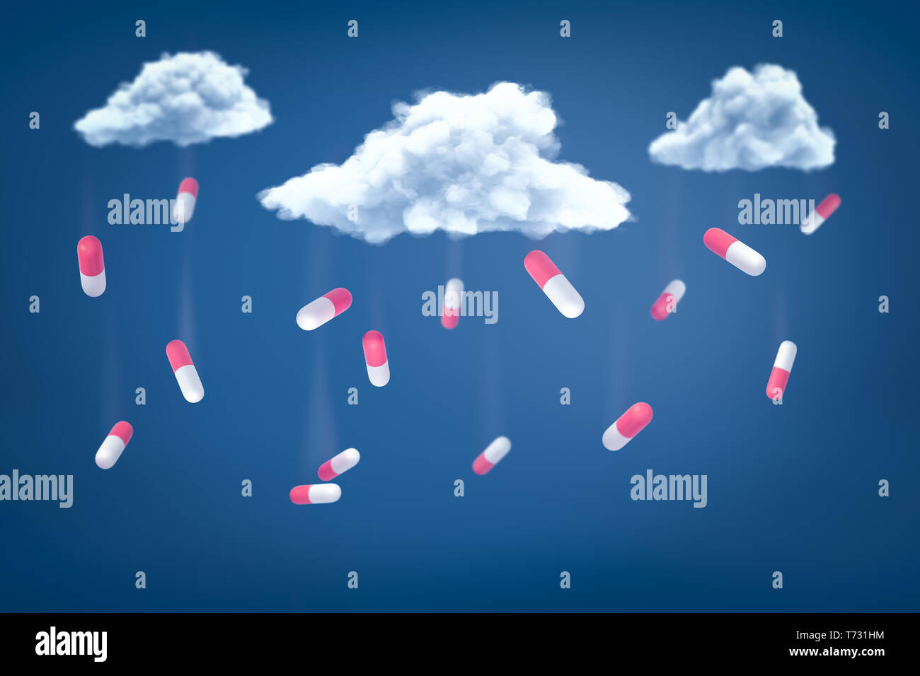 3d rendering of medical pills falling from white clouds on blue ...