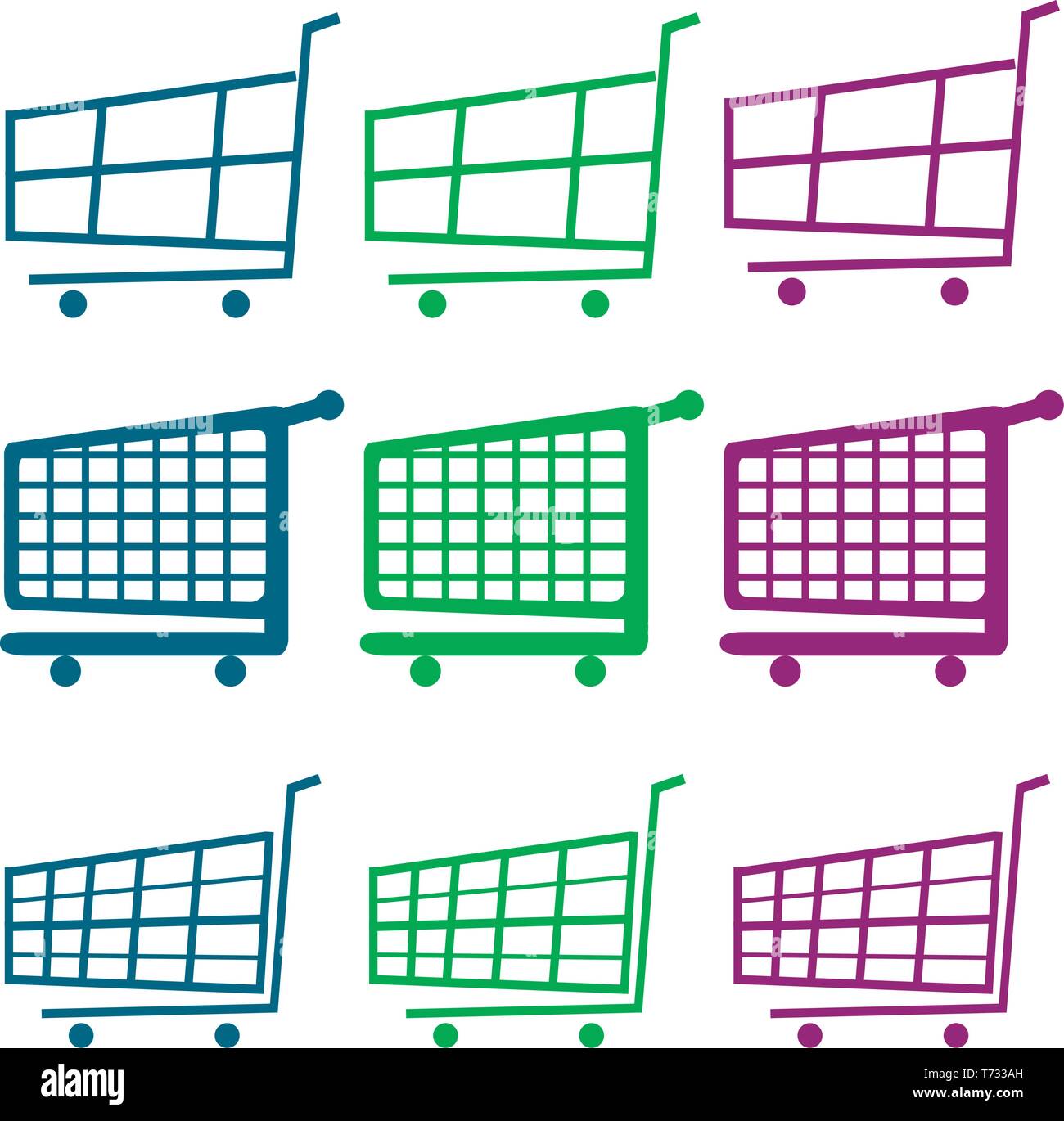 a lot of colored shopping carts on a white background Stock Vector ...
