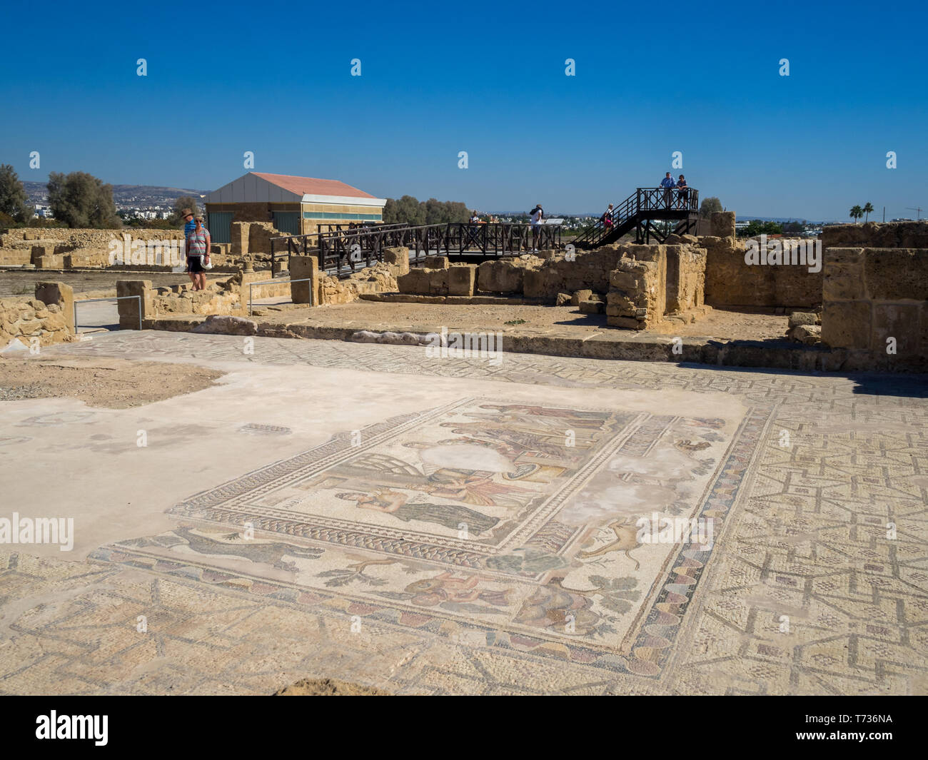 General view with mosaic of the House of Theseus in Paphos ...