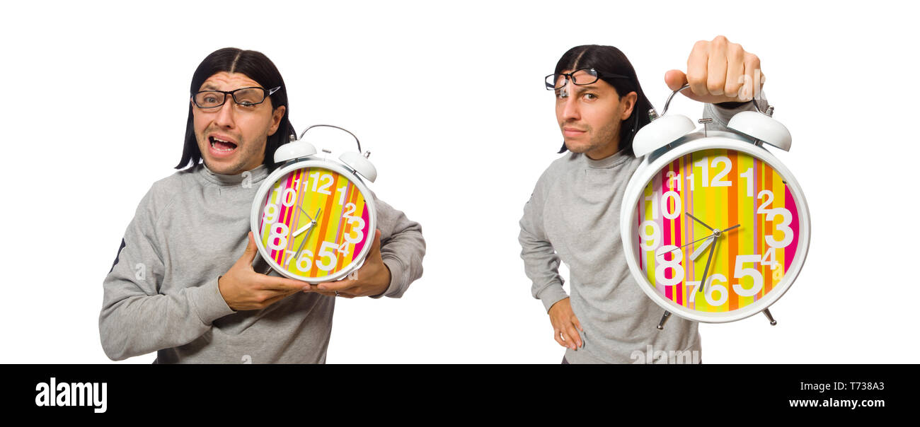 Funny man with clock isolated on white Stock Photo - Alamy