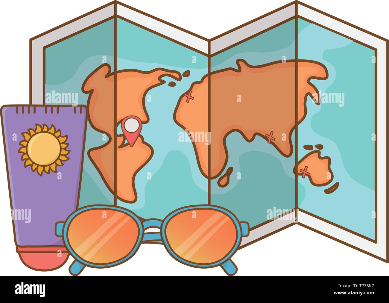 Tourist trip summer travel folded guide map sunglasses and sunblock ...
