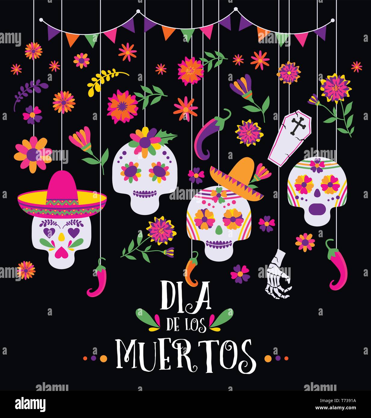 Day of the dead, Dia de los muertos, banner with colorful Mexican ...