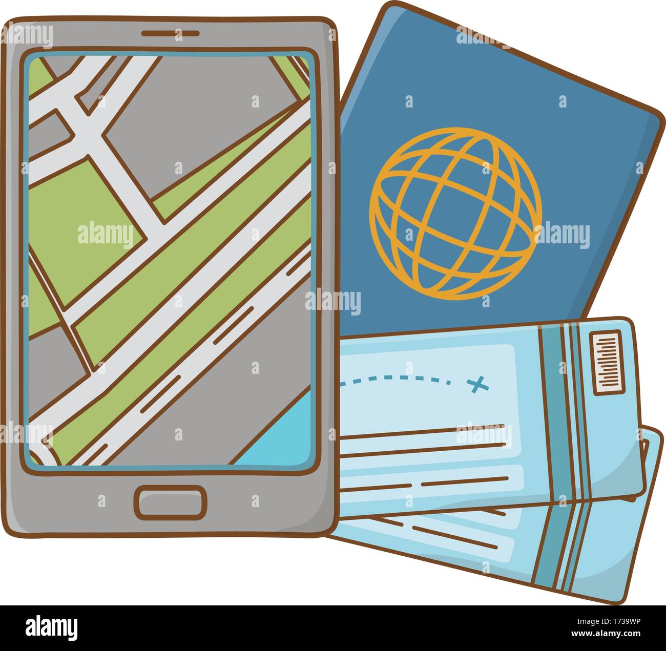 Tourist trip summer travel gps screen map passport and plane tickets ...