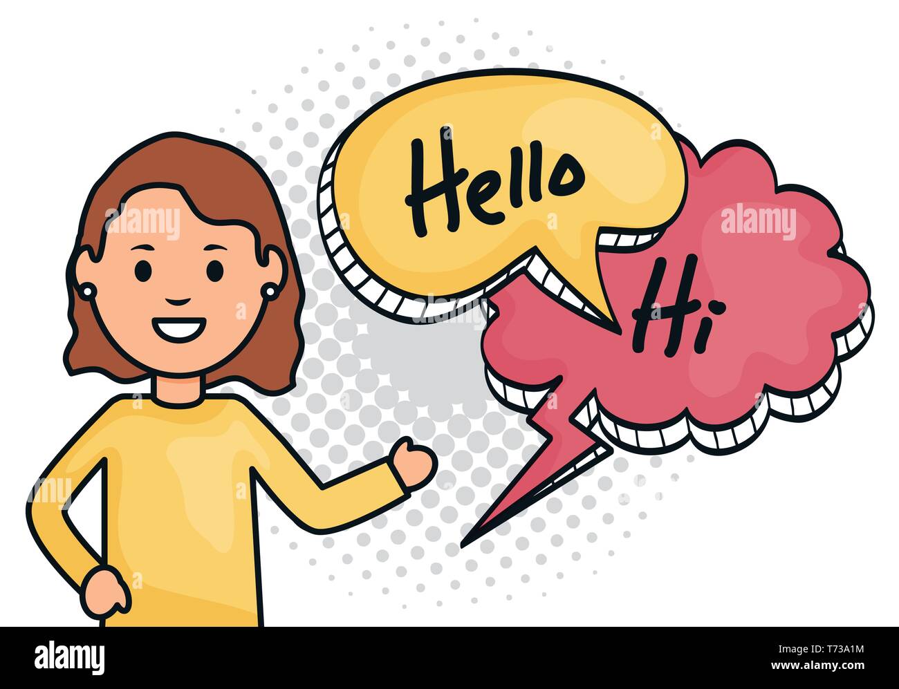 woman with speech bubbles with hi and hello message vector illustration ...